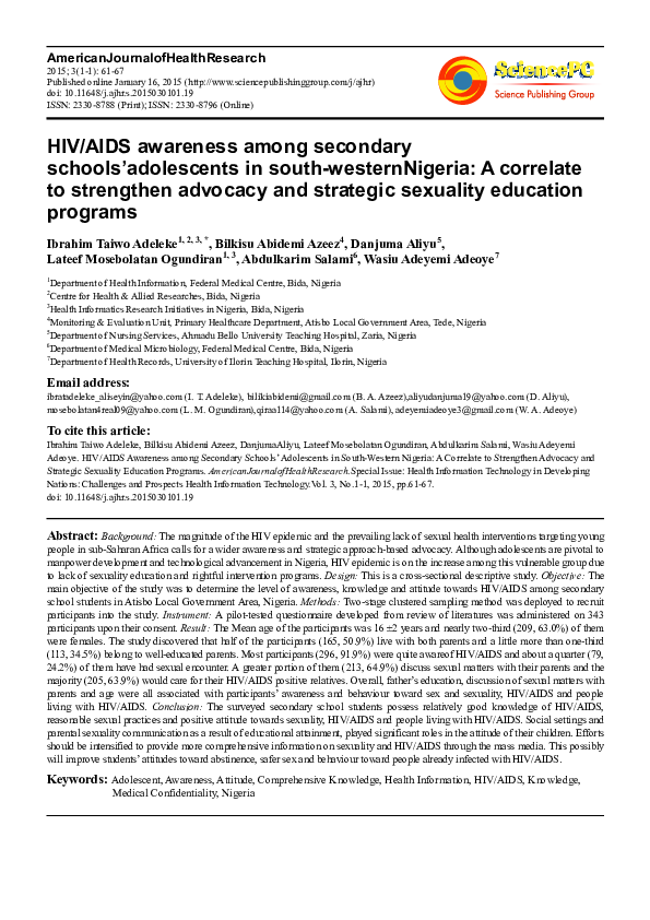 (PDF) Adolescent Health and Awareness about HIV | Harinder Sekhon ...