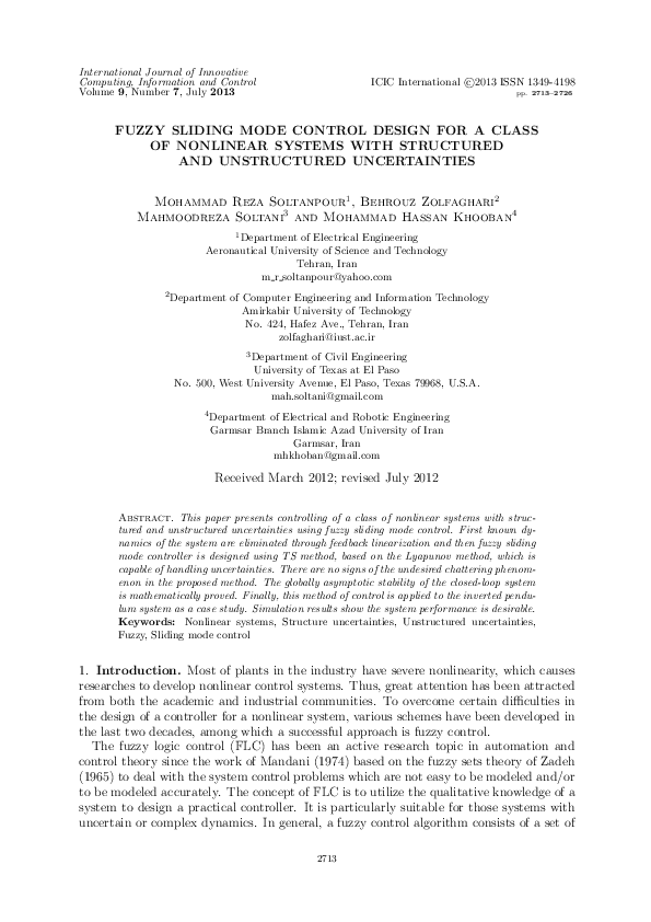 Pdf Fuzzy Sliding Mode Control Design For A Class Of Nonlinear Systems With Structured And