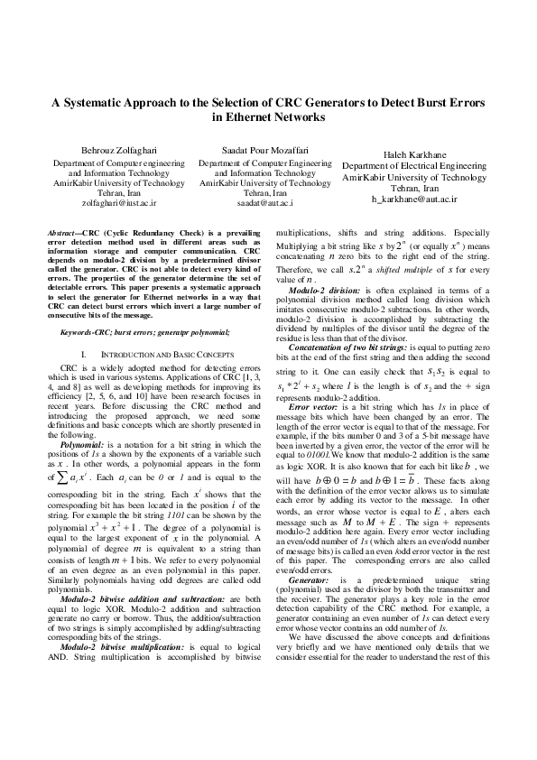 (PDF) A Systematic Approach to the Selection of CRC Generators to Detect Burst Errors in ...