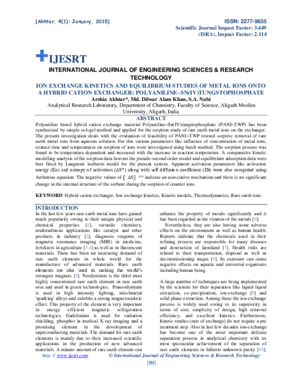 (PDF) ION EXCHANGE KINETICS AND EQUILIBRIUM STUDIES OF METAL IONS ONTO A HYBRID CATION EXCHANGER ...