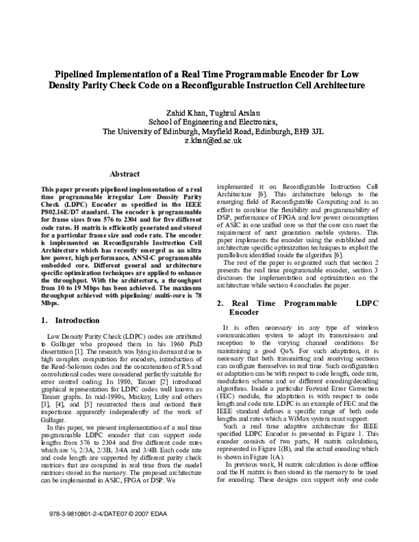 Pdf Implementation Of A Real Time Programmable Encoder For Low Density Parity Check Code On A