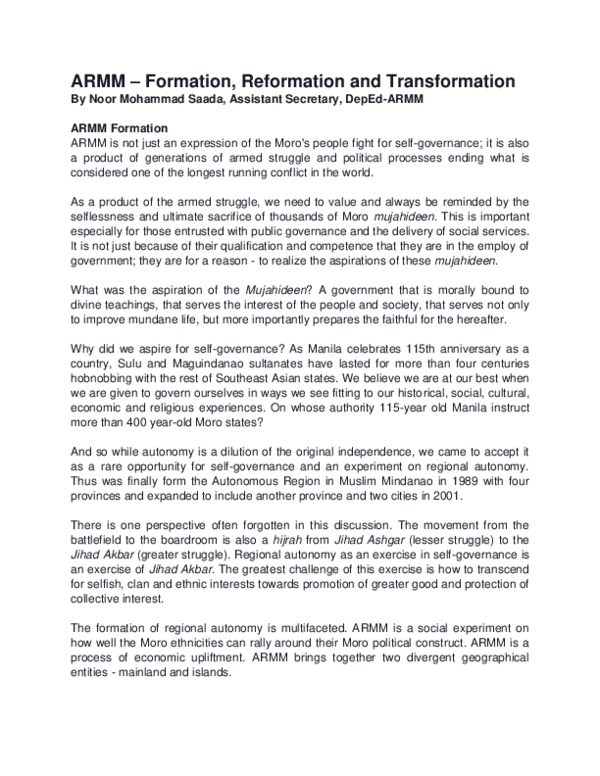 (PDF) ARMM – Formation, Reformation and Transformation