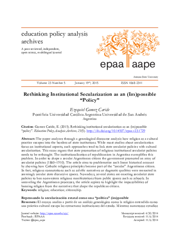 (PDF) Rethinking Institutional Secularization as an (Im)possible “Policy”