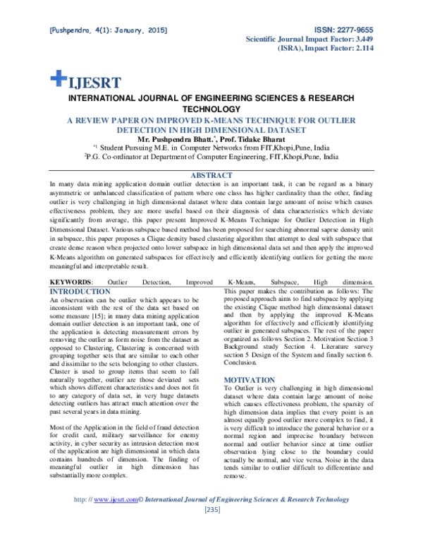 Pdf A Review Paper On Improved K Means Technique For Outlier
