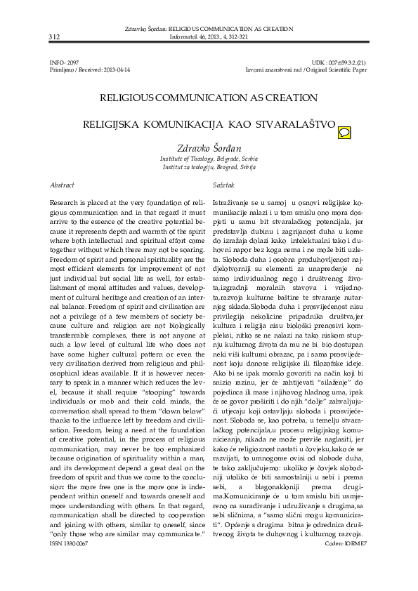 (PDF) RELIGIOUS COMMUNICATION AS CREATION - RELIGIJSKA KOMUNIKACIJA KAO ...