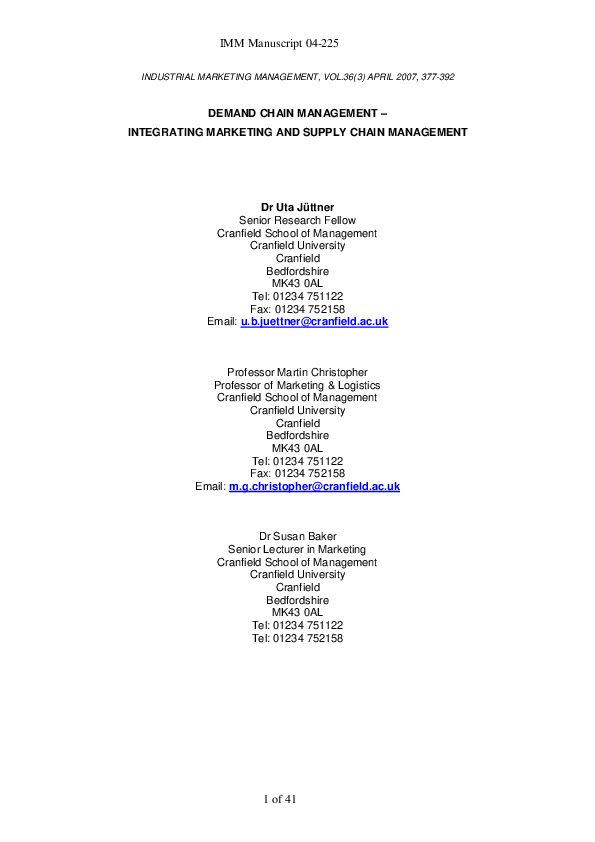 (PDF) DEMAND CHAIN MANAGEMENT – Integrating Marketing and SCM