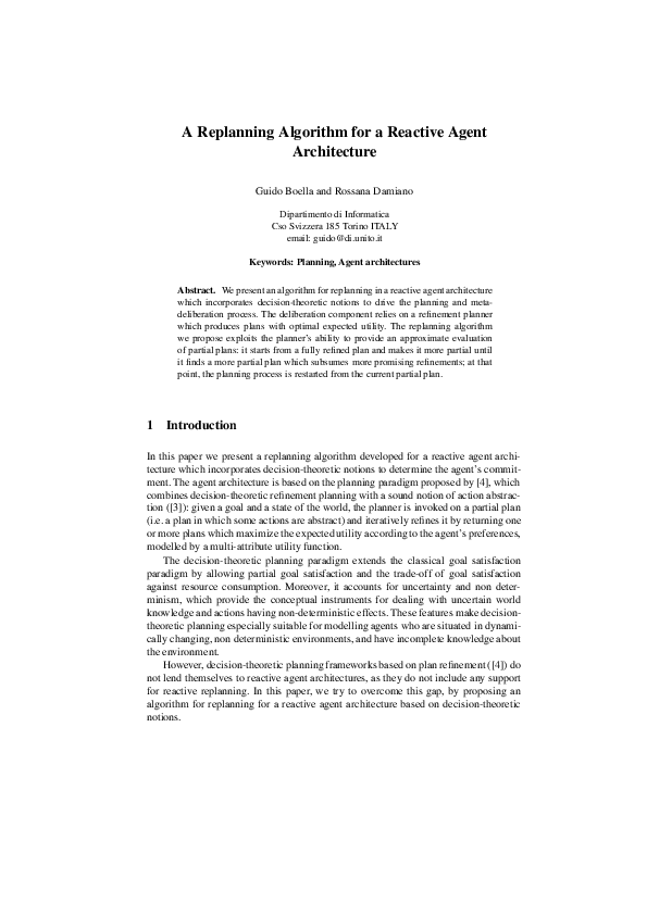 Pdf A Replanning Algorithm For A Reactive Agent Architecture