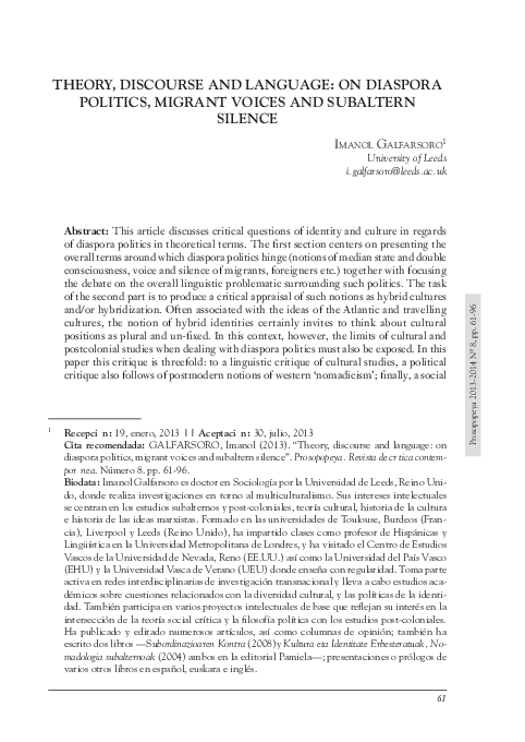 (PDF) THEORY, DISCOURSE AND LANGUAGE: ON DIASPORA POLITICS, MIGRANT ...