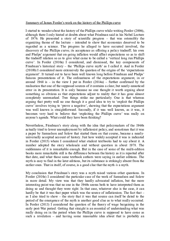 (DOC) Summary of James Forder's work on the history of the Phillips curve