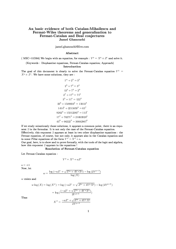 (PDF) A basic evidence of Fermat-Catalan conjecture