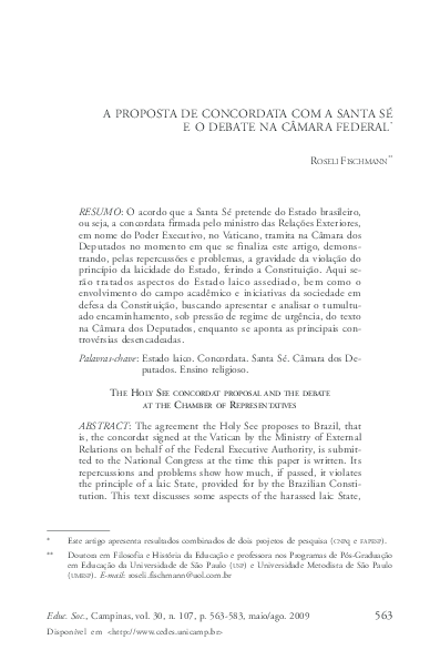 (PDF) A PROPOSTA DE CONCORDATA COM A SANTA SÉ E O DEBATE NA CÂMARA FEDERAL