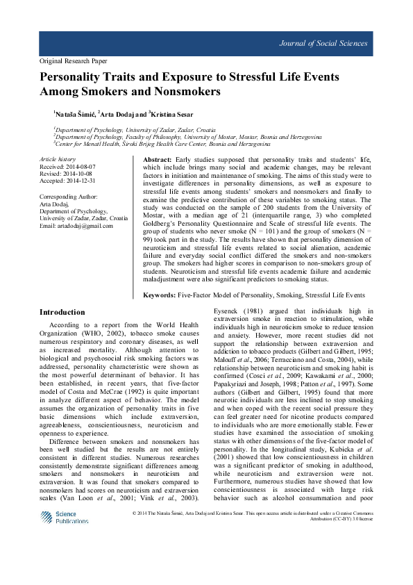 (PDF) Personality Traits and Exposure to Stressful Life Events Among ...