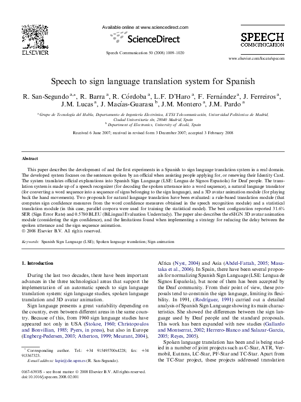 (PDF) Speech to sign language translation system for Spanish
