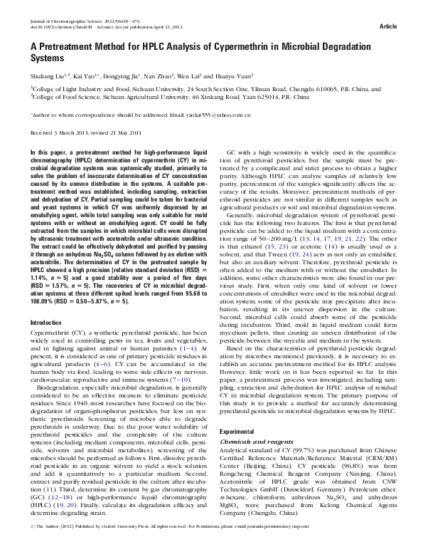 (PDF) A Pretreatment Method for HPLC Analysis of Cypermethrin in ...