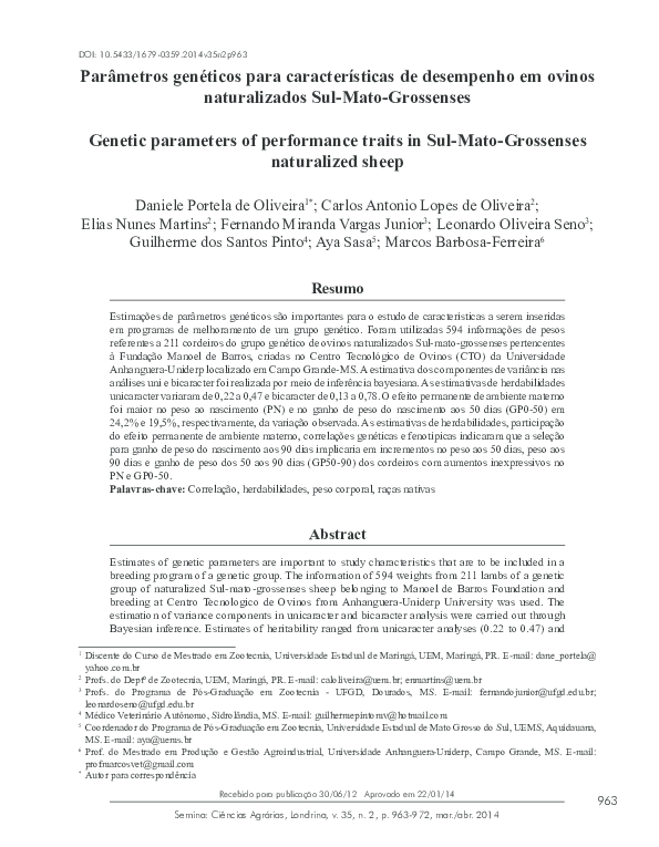 (PDF) Oliveira et al 2014 Genetic parameters in pantaneiro sheep breed.