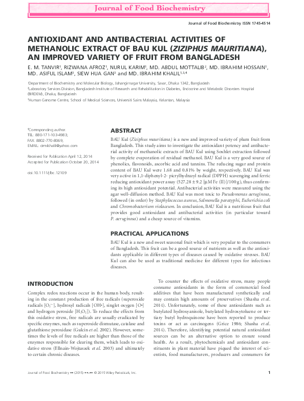 ANTIOXIDANT AND ANTIBACTERIAL ACTIVITIES OF METHANOLIC EXTRACT OF BAU ...
