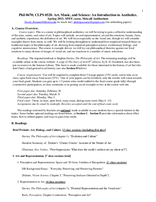 (PDF) Syllabus for New Course, Brown, Spring 2015, "Art, Music, and ...