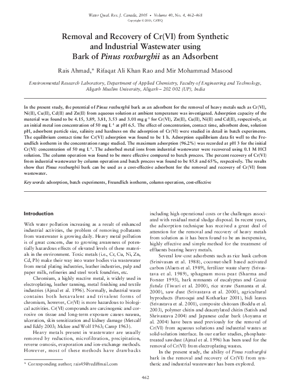 (PDF) Removal and Recovery of Cr(VI) from Synthetic and Industrial ...