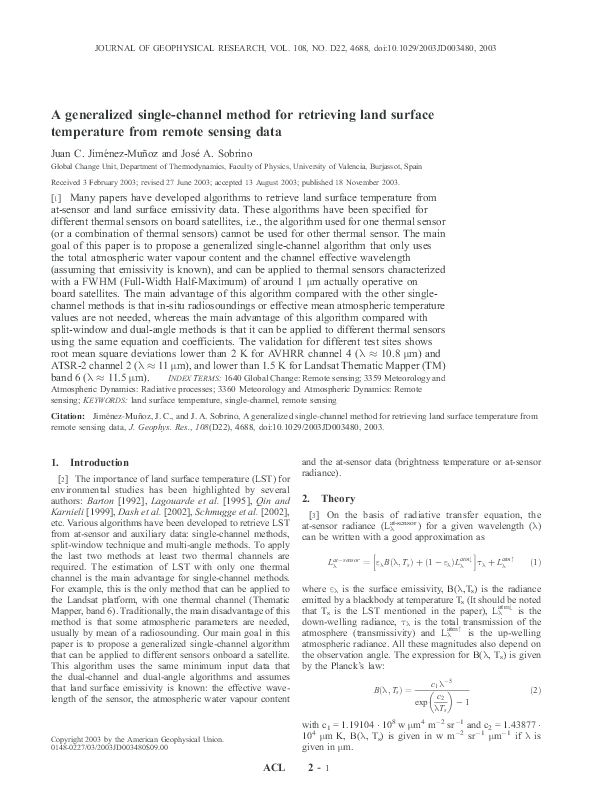 (PDF) A generalized single-channel method for retrieving land surface temperature from remote ...