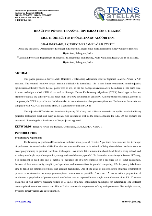 Pdf Reactive Power Transmit Optimization Utilizing Multi Objective Evolutinary Algorithm