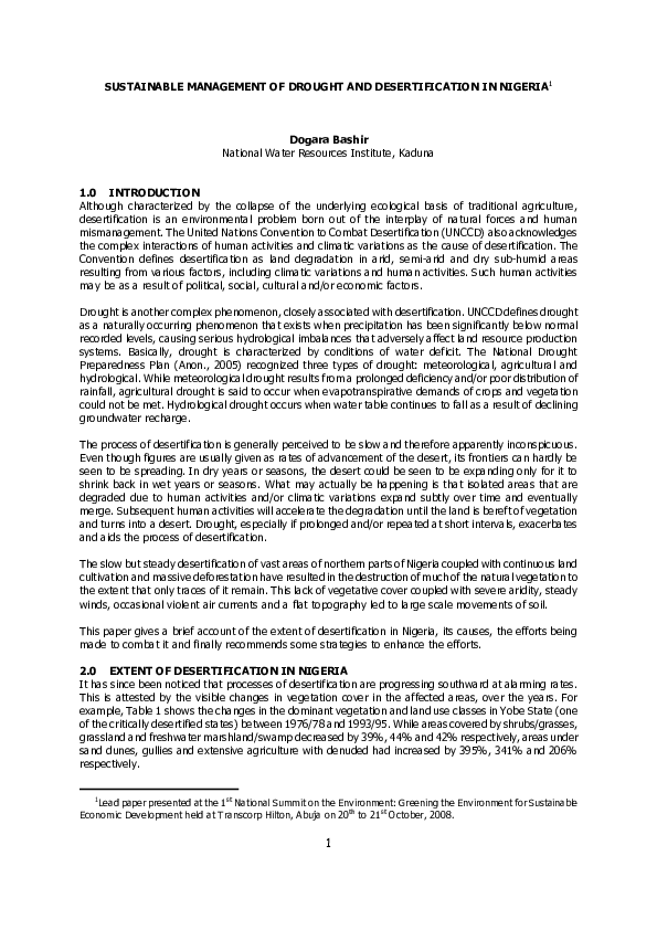 (PDF) SUSTAINABLE MANAGEMENT OF DROUGHT AND DESERTIFICATION IN NIGERIA