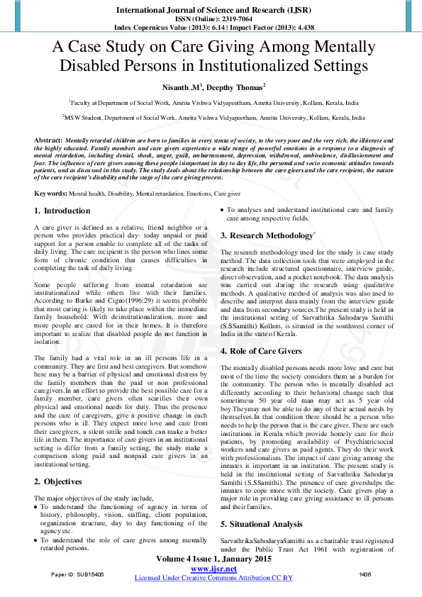 (PDF) A Case Study on Care Giving Among Mentally Disabled Persons in ...