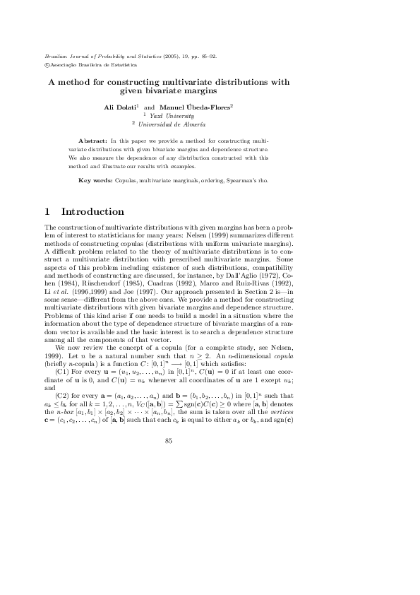 (PDF) A method for constructing multivariate distributions with given bivariate margins | Ali ...