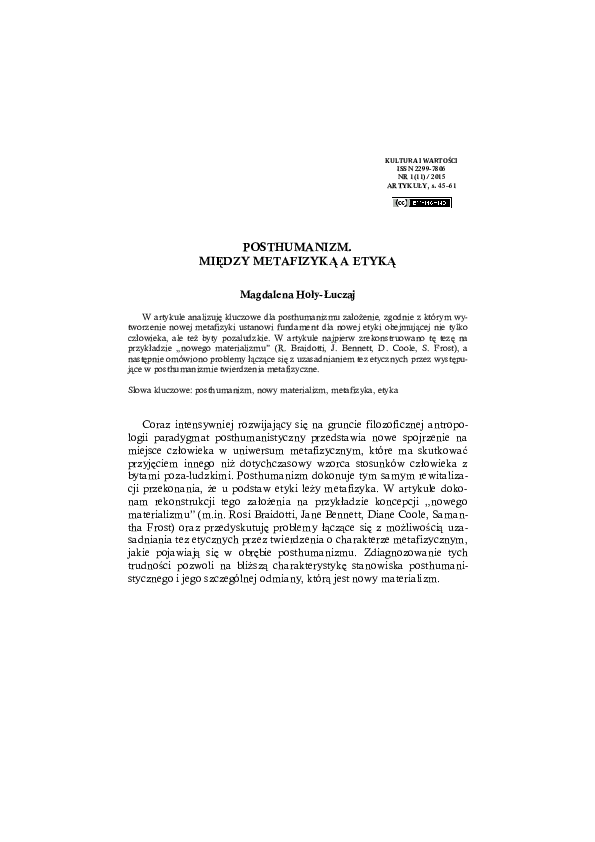 (PDF) Posthumanizm: między metafizyką a etyką, "Kultura i Wartości ...
