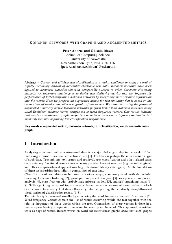 (PDF) KOHONEN NETWORKS WITH GRAPH-BASED AUGMENTED METRICS