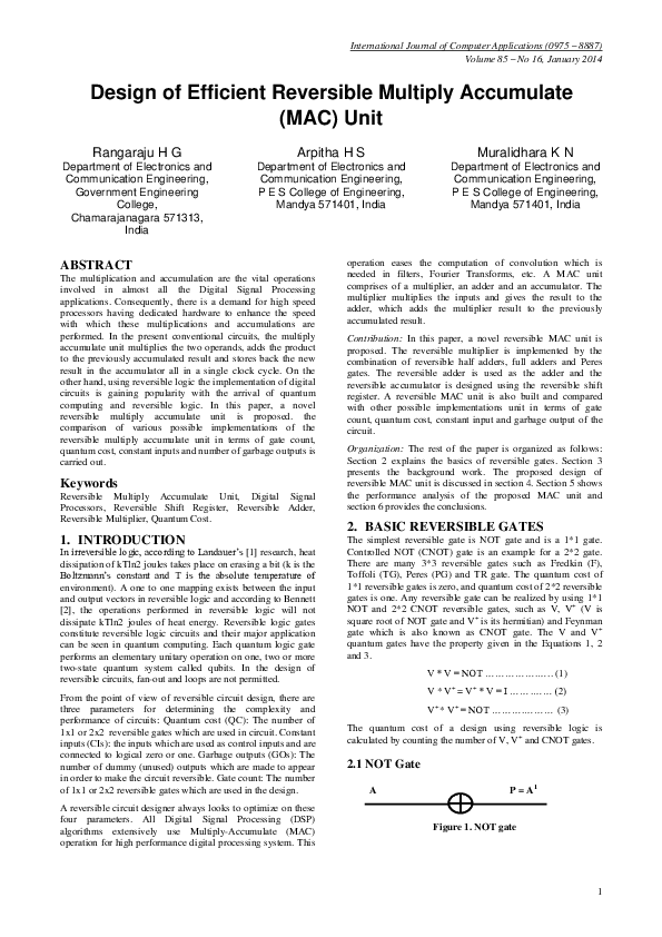 Pdf Design Of Efficient Reversible Multiply Accumulate Mac Unit 