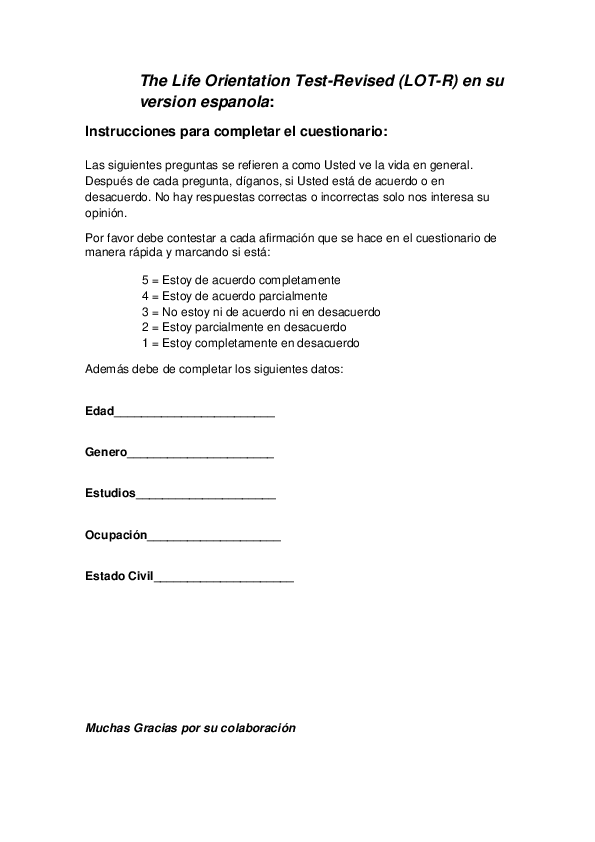 (PDF) The Life Orientation Test-Revised (LOT-R) en su version espanola