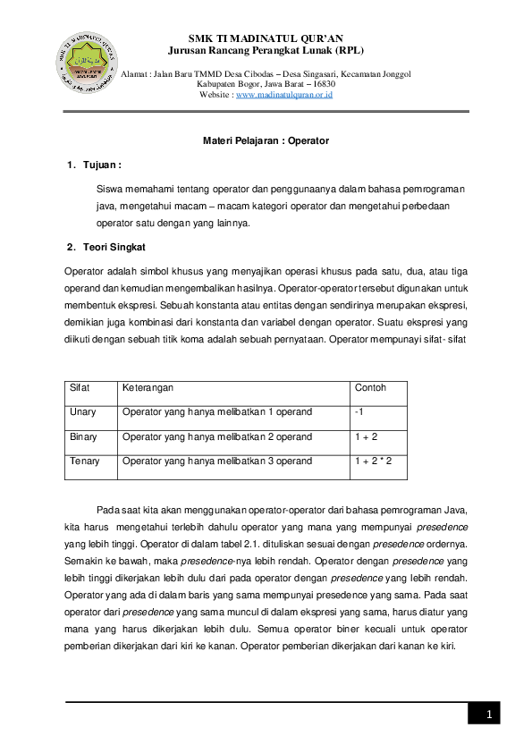 (PDF) Materi Ajar - 4 Operator Dalam Java