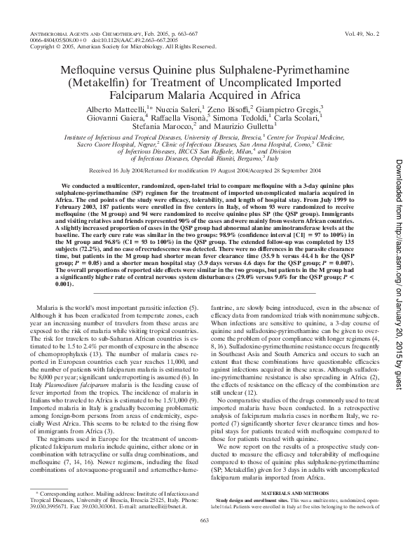 (PDF) Mefloquine versus Quinine plus Sulphalene-Pyrimethamine ...