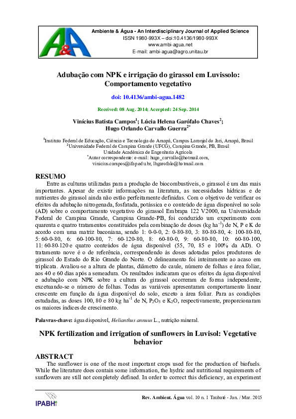 Pdf Npk Fertilization And Irrigation Of Sunflowers In Luvisol