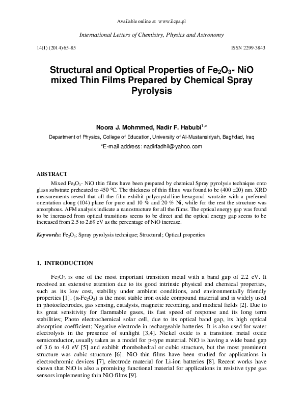 (PDF) Structural and Optical Properties of Fe2O3- NiO mixed Thin Films Prepared by Chemical ...