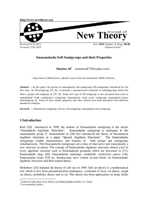 (PDF) Smarandache Soft Semigroups and their Properties