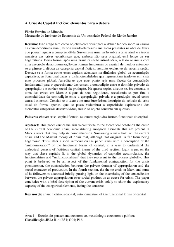 (PDF) A CRISE DO CAPITAL FICTÍCIO: ELEMENTOSPARA O DEBATE