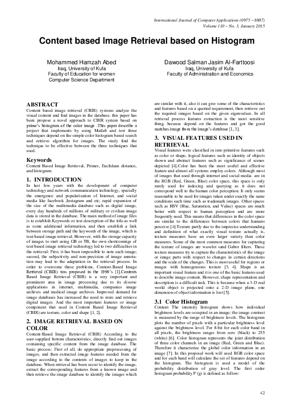 (PDF) Content based Image Retrieval based on Histogram