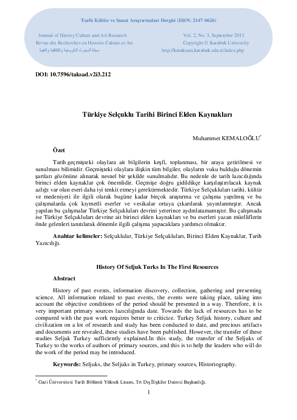(PDF) History Of Seljuk Turks In The First Resources