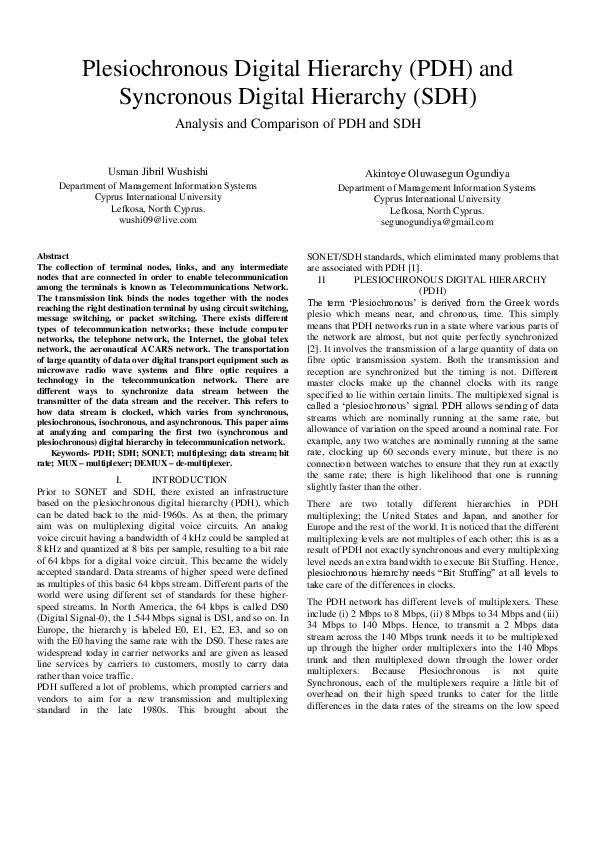 (PDF) Plesiochronous Digital Hierarchy (PDH) and Syncronous Digital Hierarchy (SDH)