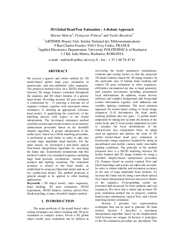 Pdf 3d Global Head Pose Estimation A Robust Approach