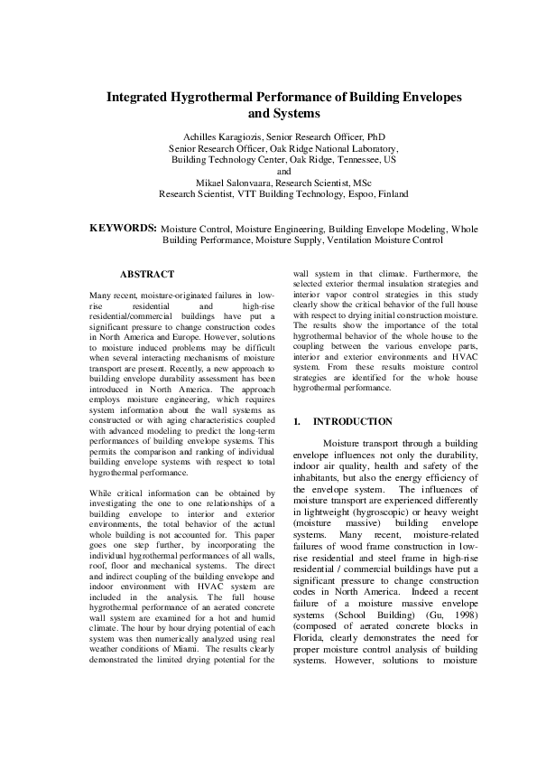 (PDF) Integrated Hygrothermal Performance of Building Envelopes and Systems