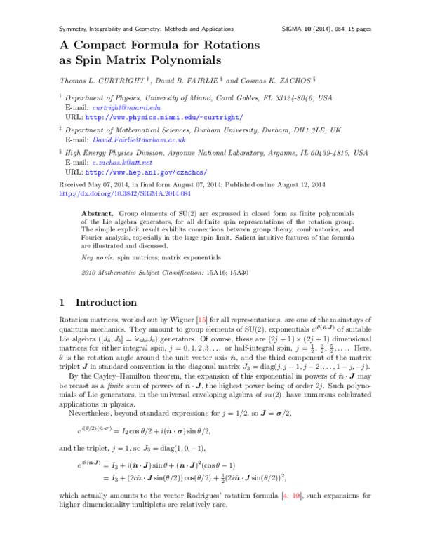 (PDF) A Compact Formula for Rotations as Spin Matrix Polynomials