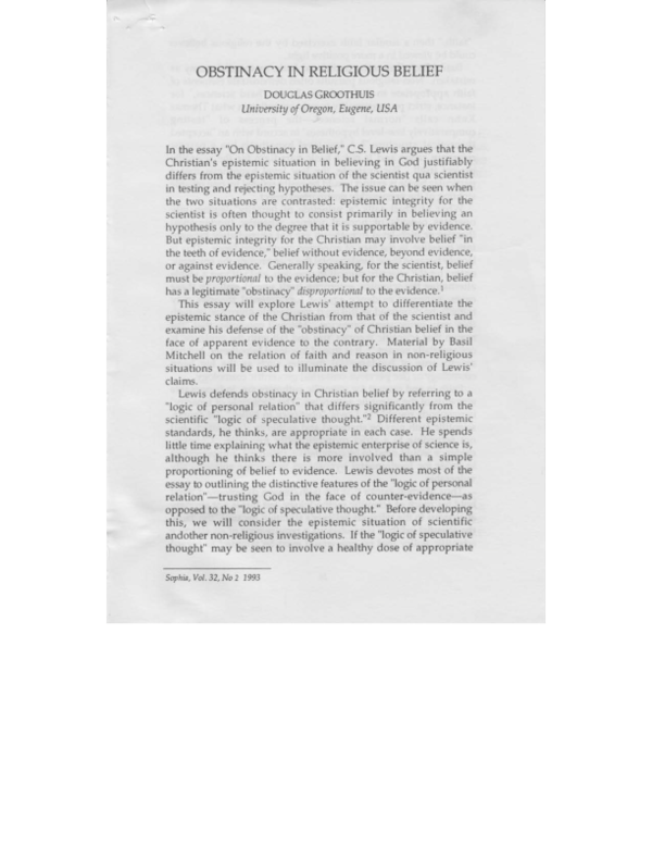 (PDF) Obstinacy in Religious Belief: A Study of C.S. Lewis's Epistemology (PDF) Obstinacy in Religious Belief: A Study of C.S. Lewis's Epistemology