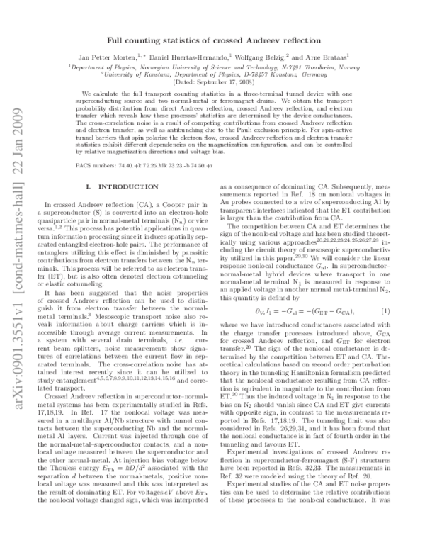 (PDF) Full counting statistics of crossed Andreev reflection