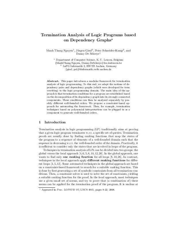 (PDF) Termination Analysis of Logic Programs Based on Dependency Graphs