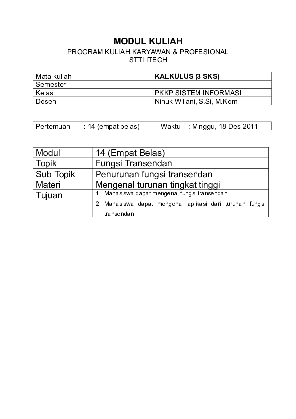 (DOC) MODUL KULIAH PROGRAM KULIAH KARYAWAN & PROFESIONAL STTI ITECH Mata kuliah KALKULUS (3 SKS ...