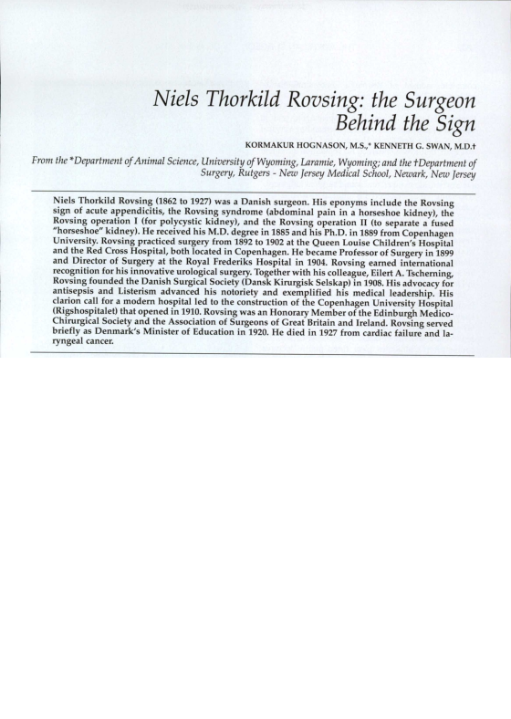 (PDF) Niels Thorkild Rovsing: Pioneer Surgeon