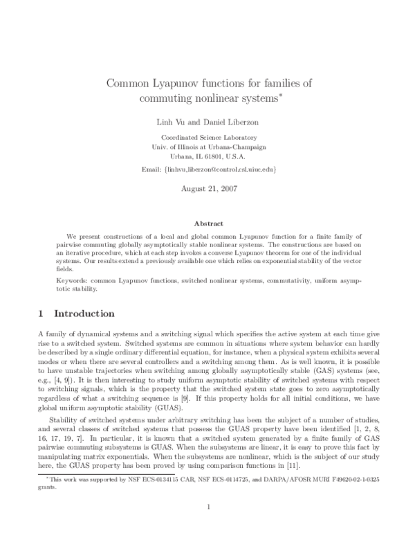 (PDF) Common Lyapunov functions for families of commuting nonlinear systems