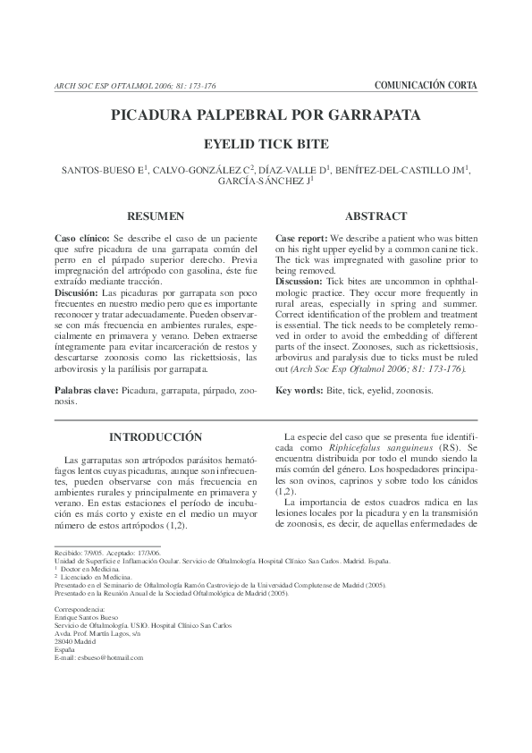 (PDF) PICADURA PALPEBRAL POR GARRAPATA EYELID TICK BITE